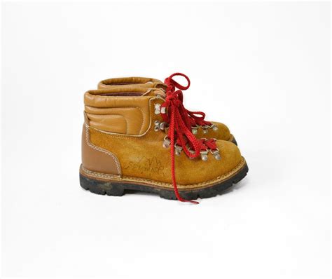 Vintage Tan Leather Hiking Boots With Red Laces Mens