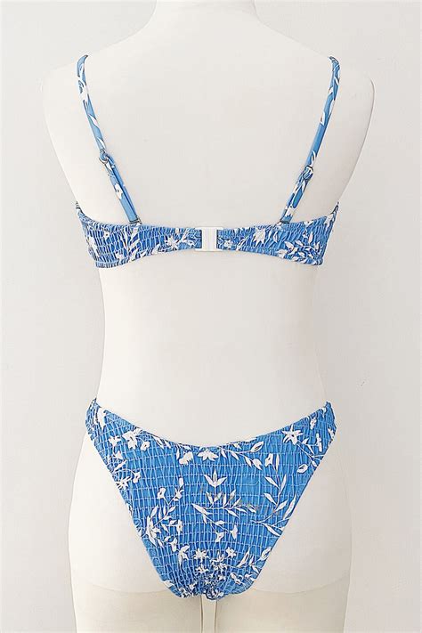 Sky Blue Leaves Print Ruched Scoop Crop Bikini Top Floralkini