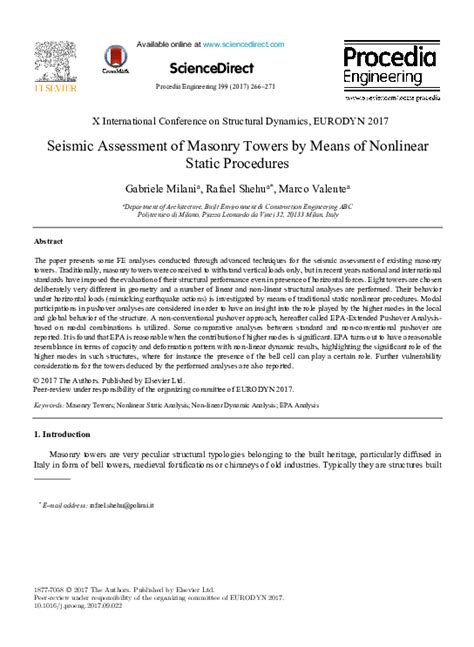 Pdf Seismic Assessment Of Masonry Towers By Means Of Nonlinear Static Procedures