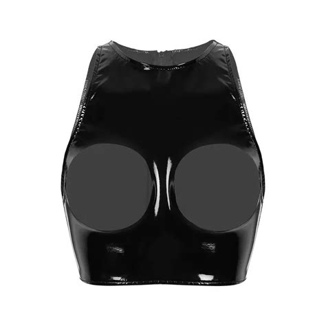 Women Fashion Back Zipper Clubwear Costumes Top Wet Look Faux Leather