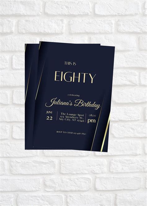 Editable 80th Birthday Invitation Navy Blue And Gold Birthday Etsy