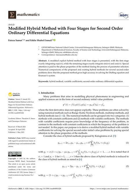 Pdf Modified Hybrid Method With Four Stages For Second Order Ordinary Differential Equations
