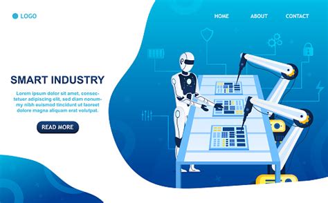 공장 미래 개념 휴머노이드 로봇은 생산 공정 로봇 암을 제어합니다 컴퓨터 칩의 조립 스마트 전자 제품 미래 지향적 인 엔지니어링 공장 자동화 산업 40 벡터 건설 산업에