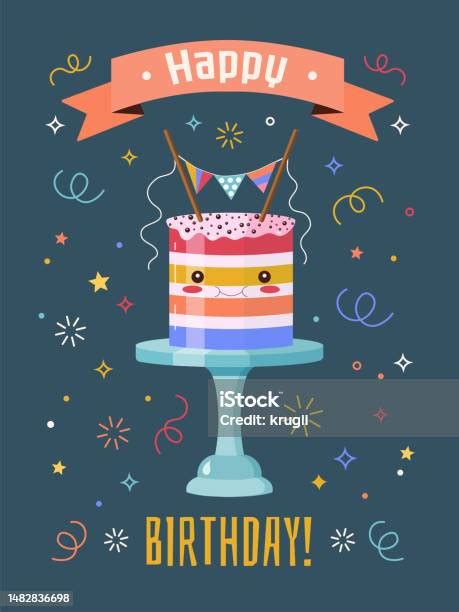 귀여운 카와이 케이크와 함께 생일 축하 카드 공휴일에 대한 스톡 벡터 아트 및 기타 이미지 공휴일 귀여운 기념일 Istock