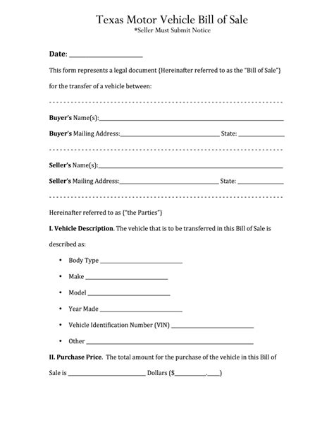 Tx Motor Vehicle Bill Of Sale Blank Fillable Template Fill Out