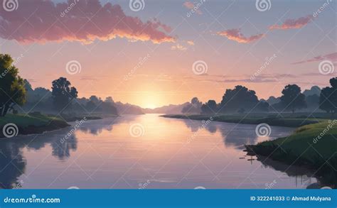 Simple River View With Dawn In The Background Ai Generated Stock
