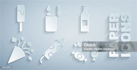 불꽃놀이 로켓 맥주병 축제 색종이 사탕 라이터 아이스크림 아이콘을 설정합니다 벡터 3차원 형태에 대한 스톡 벡터 아트 및 기타