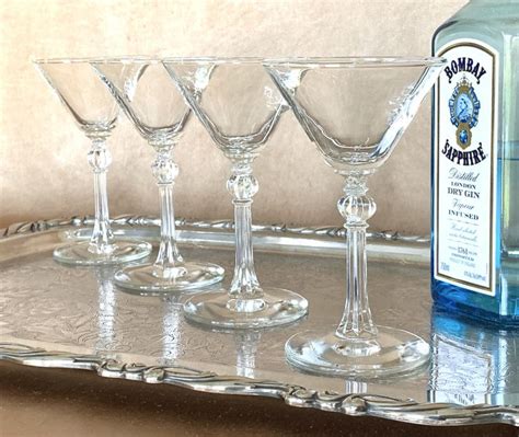 1940s Libbey Stardust Clear Martini Glasses With Faceted Crown Stems