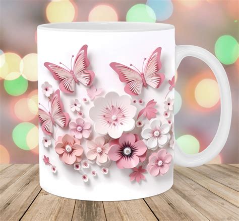 3d White Pink Flowers Butterflies Mug Wrap 11oz And 15oz Mug Template