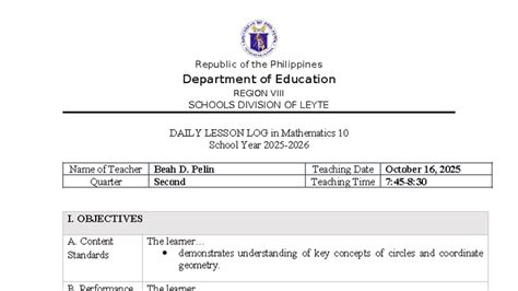 Mathematics 10 Daily Lesson Log Circles And Coordinate Geometry Studocu