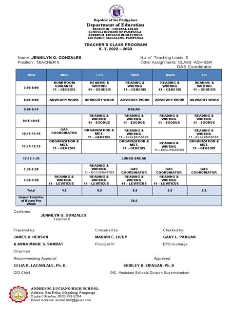 Shs Teachers Individual Class Program 1st Sem Sy 2022 2023 With Extra