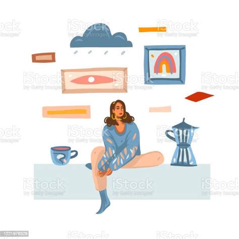 손으로 그린 벡터 추상적 인 스톡 그래픽 일러스트 와 젊은 우울 여성 만들기 과 마시는 커피 집에서 고립 된 흰색 배경 가정의 방에 대한 스톡 벡터 아트 및 기타 이미지
