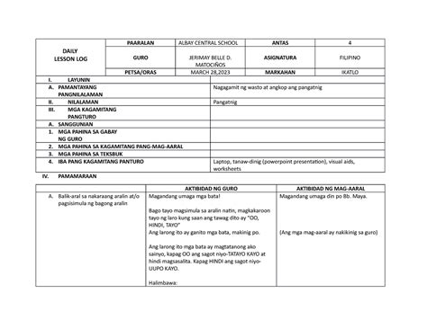 Pangatnig Lp Lesson Plan In Filipino Daily Lesson Log Paaralan Albay Central School Antas 4