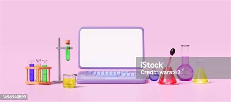 비커 시험관 과학 실험 키트 분홍색 배경에 격리된 공간이 있는 3d 노트북 컴퓨터 방 온라인 혁신적인 교육 템플릿 모형 개념 3d 렌더링 일러스트레이션 3차원 형태에 대한