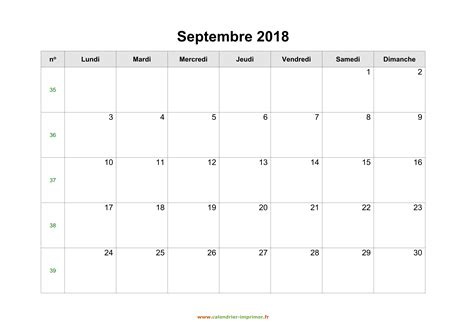 Calendrier Septembre 2018 à Imprimer