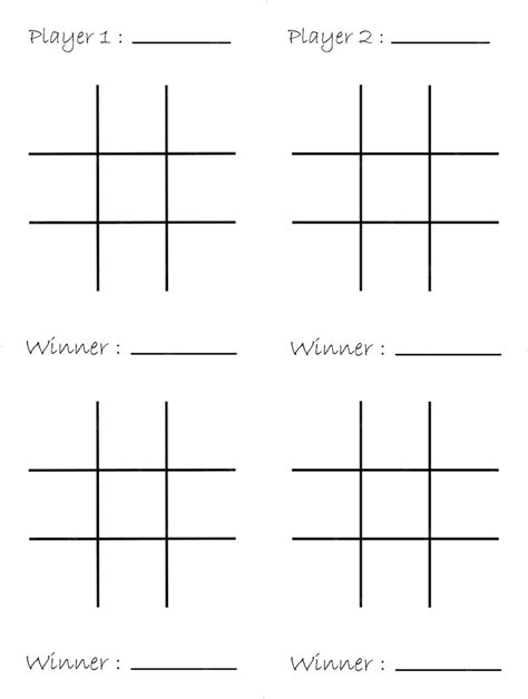 Tic Tac Toe 4개의 테이블 플레이어 이름과 승자 이름이 있는 어린이 활동 페이지 프리미엄 벡터