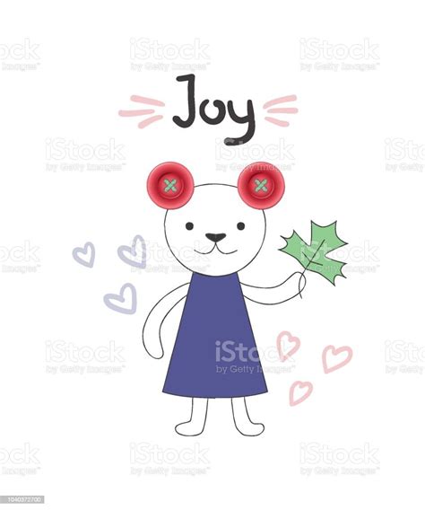 귀여운 벡터 일러스트 레이 션 손으로 그린 글자 단어 기쁨으로 현실적인 핑크 단추 귀와 만화 선형 스타일에 마우스 개념과 주제에 대한 스톡 벡터 아트 및 기타 이미지