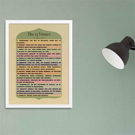 13 Virtues By Benjamin Franklin Poster Motivational Poster A Cozy Mess