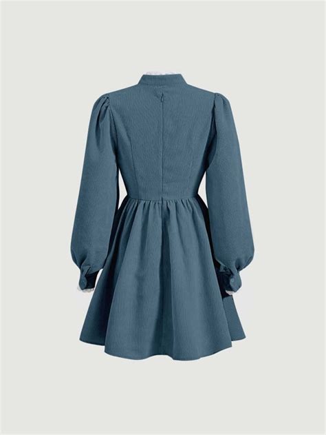 Shein Mod Tie Neck Lace Trim Lantern Sleeve Corduroy Dress Shein Usa