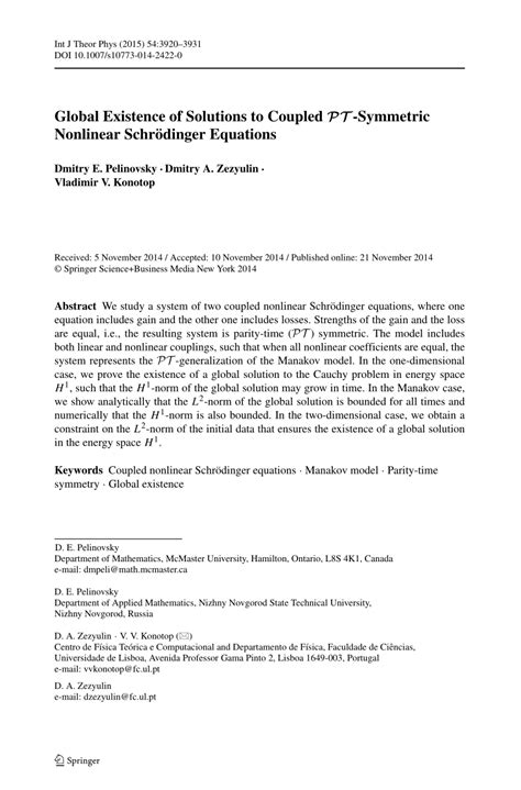 Pdf Global Existence Of Solutions To Coupled 𝒫 𝒯 Symmetric Nonlinear Schrödinger Equations