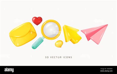 3d Icon Set Mail Magnifier Mouse Cursor Paper Plane Realistic