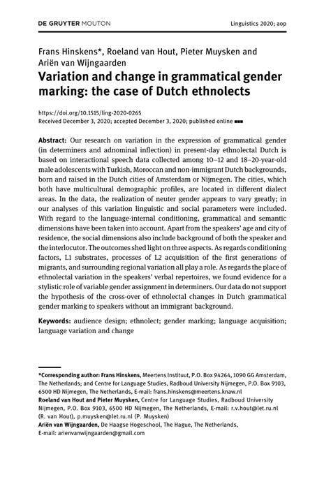 PDF Variation And Change In Grammatical Gender Marking The Case Of Dutch Ethnolects