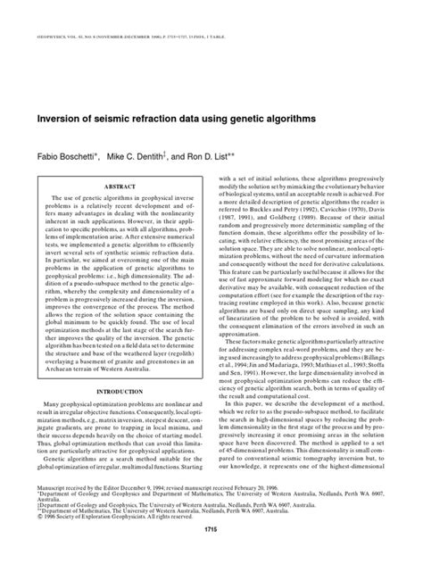 Pdf Inversion Of Seismic Refraction Data Using Genetic Algorithms
