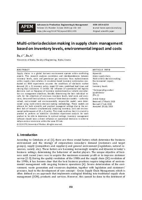 Pdf Multi Criteria Decision Making In Supply Chain Management Based On Inventory Levels