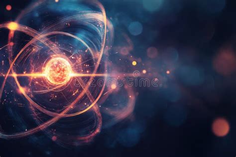 Anatomy Of An Atom Glowing In Blue And Orange Hues Against A Dark Background At Night Stock