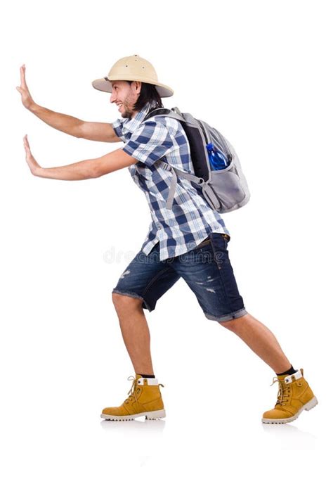 Viajero Joven Con La Mochila Aislada En Blanco Foto De Archivo Imagen De Vacaciones Extremo