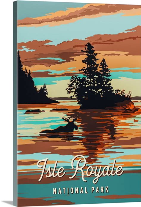 Isle Royale National Park Moose Swimming Graphic Travel Poster Wall
