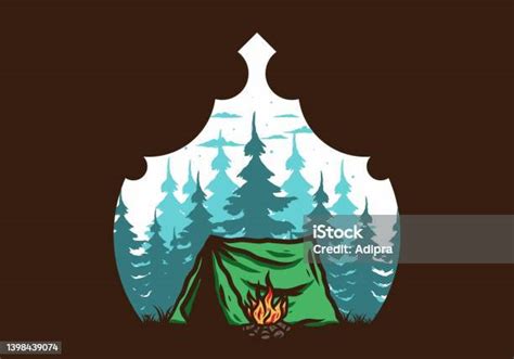 Berkemah Hutan Dengan Lencana Ilustrasi Api Unggun Ilustrasi Stok
