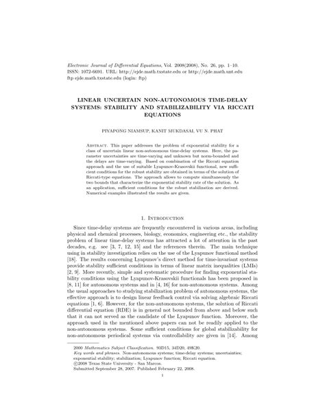 PDF Linear Uncertain Non Autonomous Time Delay Systems Stability And Stabilizability Via