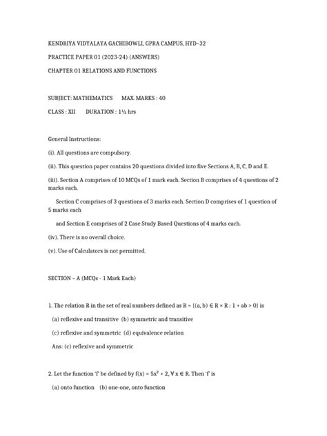 Maths Class Xii Relations And Functions Final Pdf