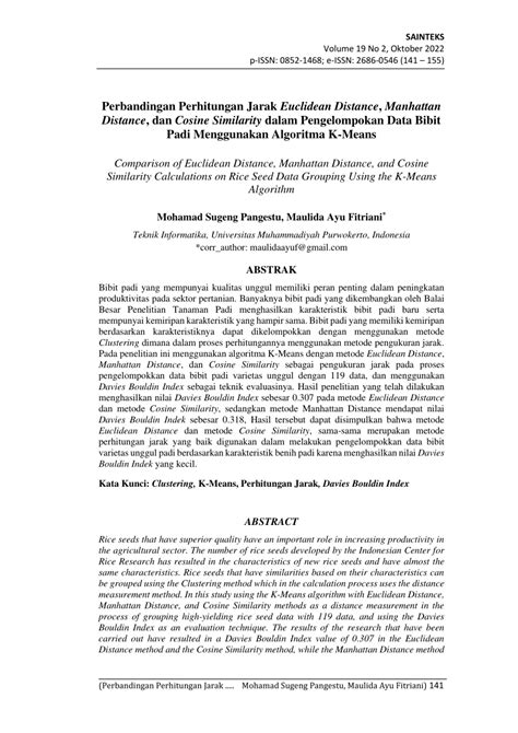 PDF Perbandingan Perhitungan Jarak Euclidean Distance Manhattan