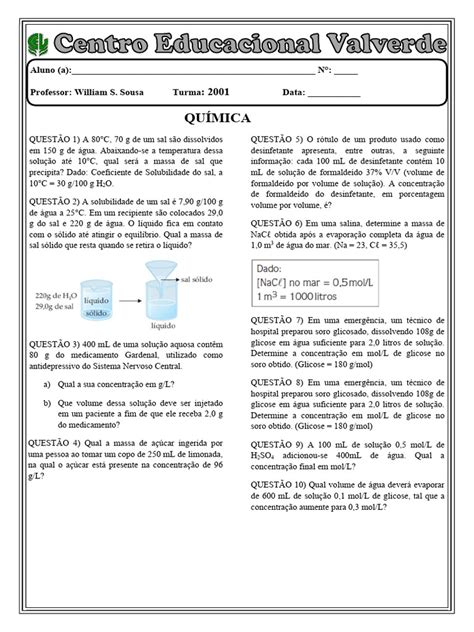 Lista De Exercicios 2 Ano Em 1 Bimestre Pdf Concentração Solubilidade