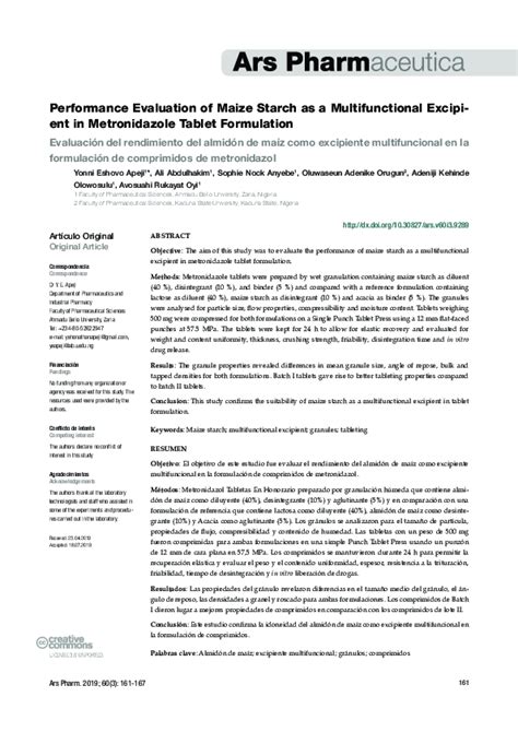 Pdf Performance Evaluation Of Maize Starch As A Multifunctional Excipient In Metronidazole