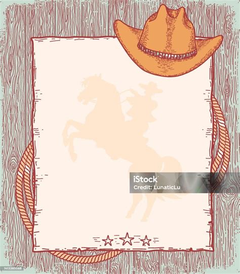 텍스트에 대한 카우보이 포스터 배경 벡터 손으로 그린 빈티지 일러스트레이션 웨스턴 카우보이 모자와 올가미가 나무 질감 종이에