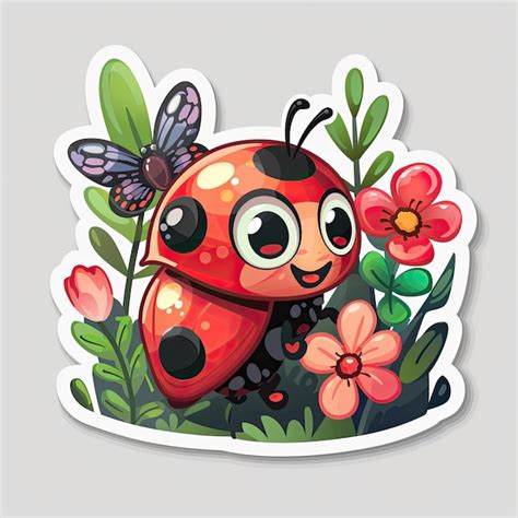 Sticker Of Ladybug And Butterfly In A Garden Premium AI Generated Image