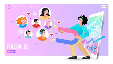인터넷에서 좋아요 피드백 및 팔로워를 유치하는 자석을 들고 있는 남자 Smm 인플루언서 전략 벡터 일러스트레이션 자석에 대한