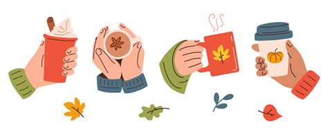 손으로 그린 컬렉션 가을 분위기 세트 호박 스파이스 라떼 계피 카푸치노 머그잔에 담긴 마끼아또 노란 잎의 벡터 삽화를 들고 있는