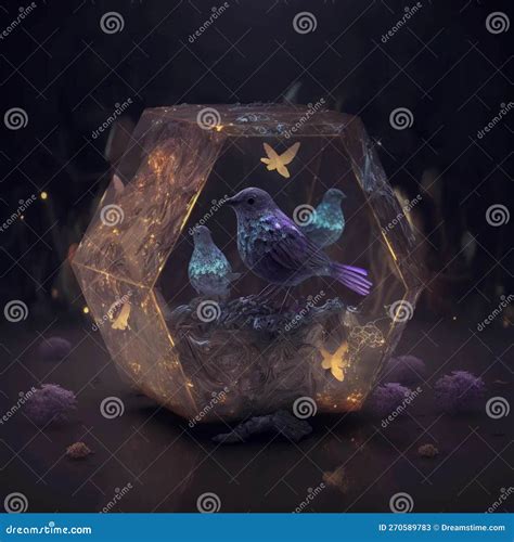 A Glass Cube With A Bird On It That Is Lit Up With A Purple Light