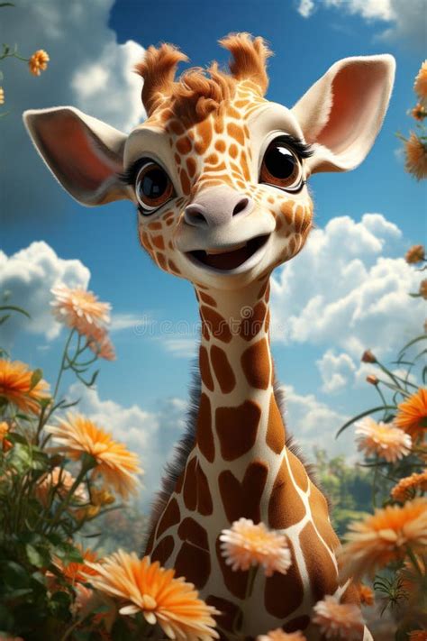 Cartoon Cute Giraffe In Nature Illustration Ai Generative Stock