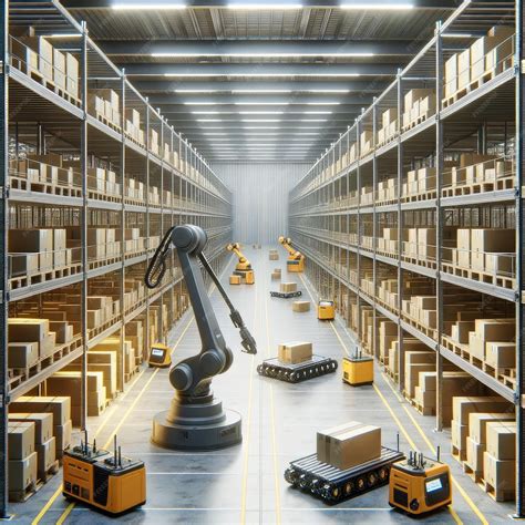 Autonomous Yellow Robots With Packages In Futuristic Warehouse Setting Smart Logistics Ai