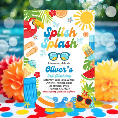 Editable Tropical Splish Splash Water Birthday Party Invitation Girly