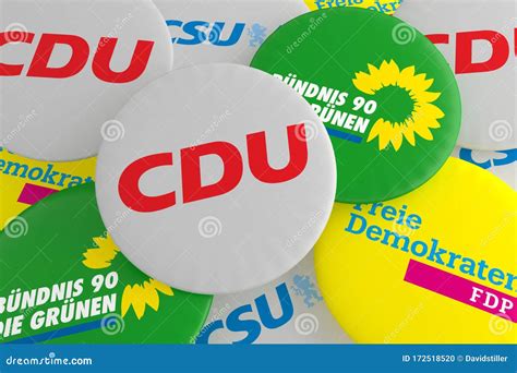 Buttons With The Logos Of The Political Parties Cdu Csu Fdp And The