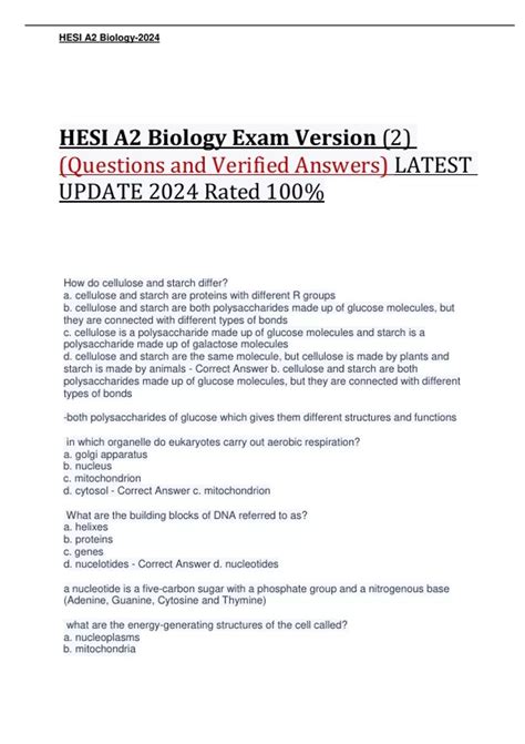 Hesi A2 Biology Exam Version 2 Questions And Verified Answers