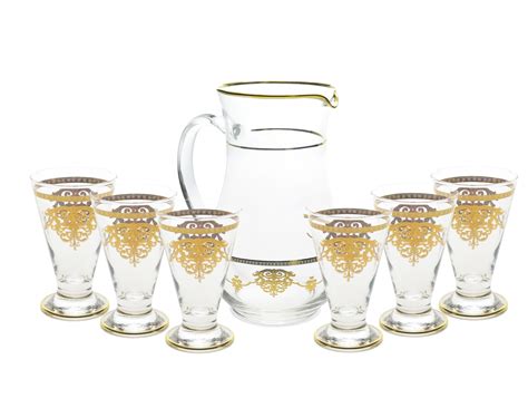 7 Piece Drinkware Set With Gold Artwork World Art Glass Murano