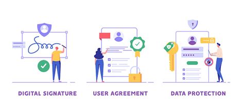디지털 서명 데이터 보호 이용 약관 설정 기업인들이 전자 서명과 계약을 체결합니다 사이버 전문가는 안전한 암호로 파일을 보호합니다 사용자는 개인 정보 보호 정책 계약을