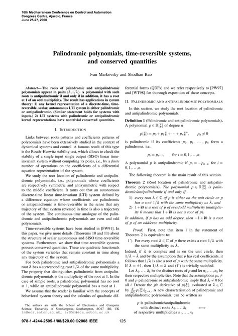 Pdf Palindromic Polynomials Time Reversible Systems And Conserved Quantities